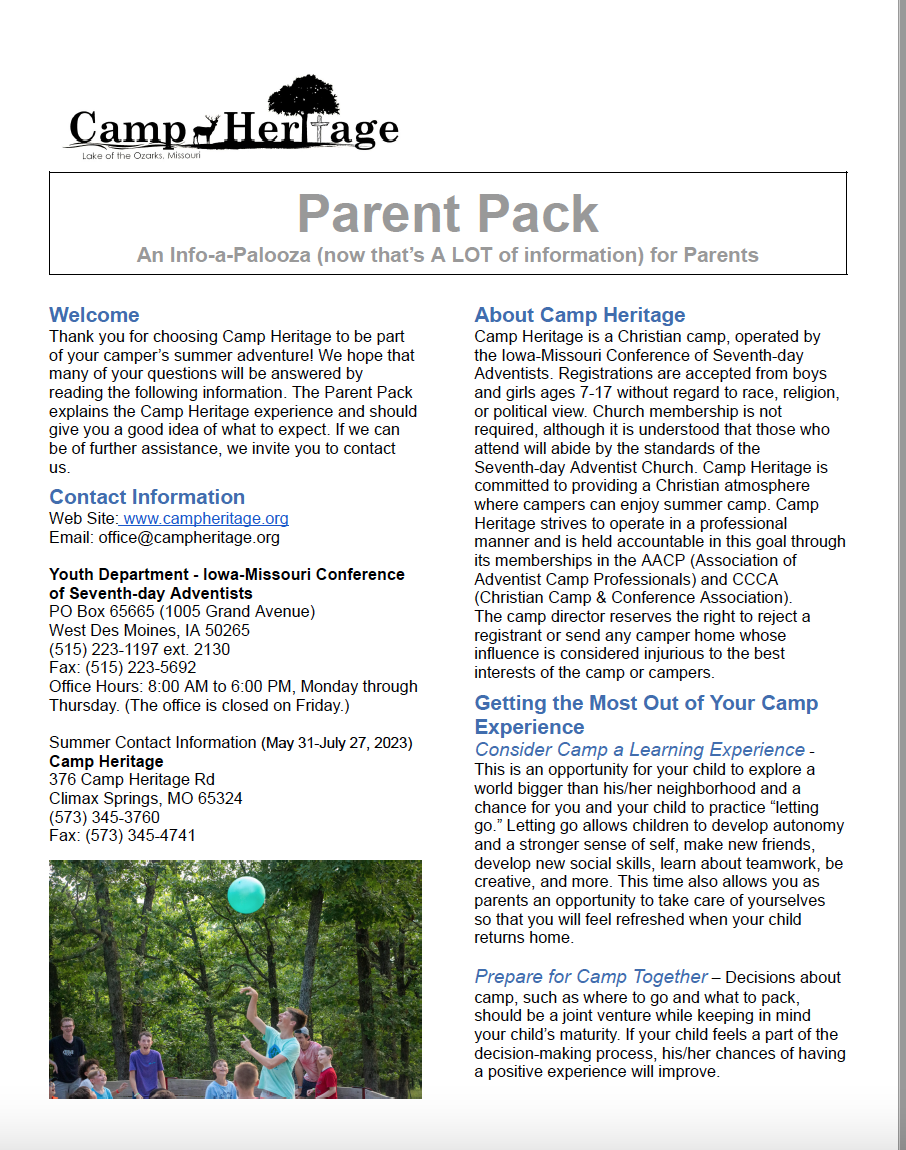 Parent Pack Pic – Camp Heritage